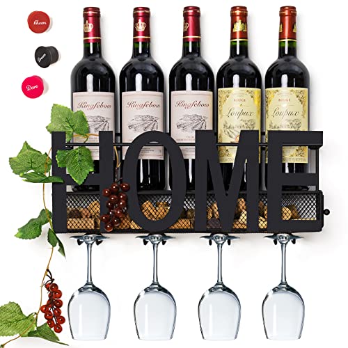 SODUKU Wall Mounted Metal Wine Rack 4 Long Stem Glass Holder & Wine Cork Storage Home