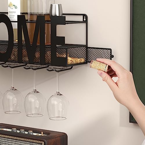 SODUKU Wall Mounted Metal Wine Rack 4 Long Stem Glass Holder & Wine Cork Storage Home