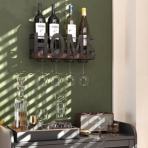 SODUKU Wall Mounted Metal Wine Rack 4 Long Stem Glass Holder & Wine Cork Storage Home