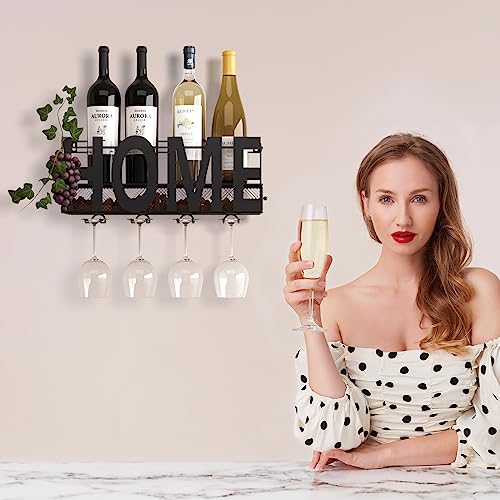 SODUKU Wall Mounted Metal Wine Rack 4 Long Stem Glass Holder & Wine Cork Storage Home