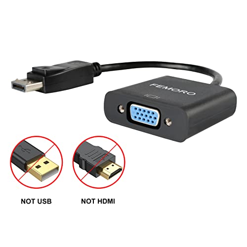 FEMORO DisplayPort to VGA Adapter 1080P Converter, Display Port DP to VGA Adapter Male to Female Connector Compatible with Computer, Desktop, Laptop, PC, Monitor, Projector, HDTV - Black