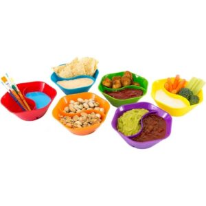 jarratt industries double dipper snack and serving bowls, divided bowls perfect for chips, dips, snacks, salad, nuts, pistachios, cereal, microwave and dishwasher safe, set of 4