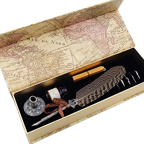 GC Quill Pen Beautiful Nuture Feather Metal Carving Pen Holder 6 Nibs Gift Set GCLL021