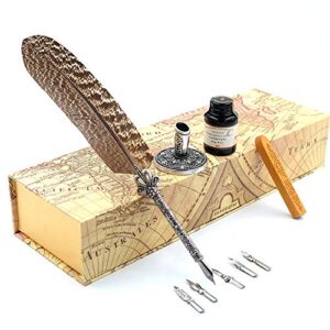 GC Quill Pen Beautiful Nuture Feather Metal Carving Pen Holder 6 Nibs Gift Set GCLL021