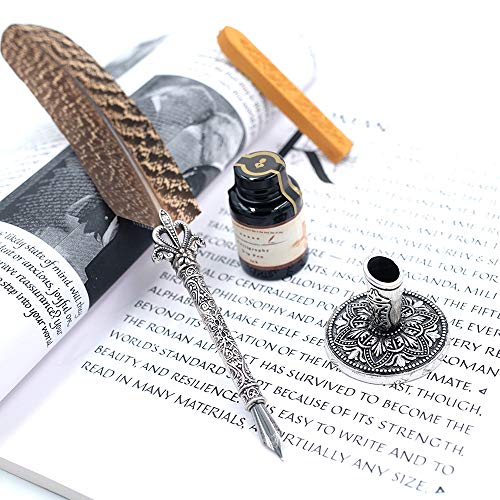 GC Quill Pen Beautiful Nuture Feather Metal Carving Pen Holder 6 Nibs Gift Set GCLL021