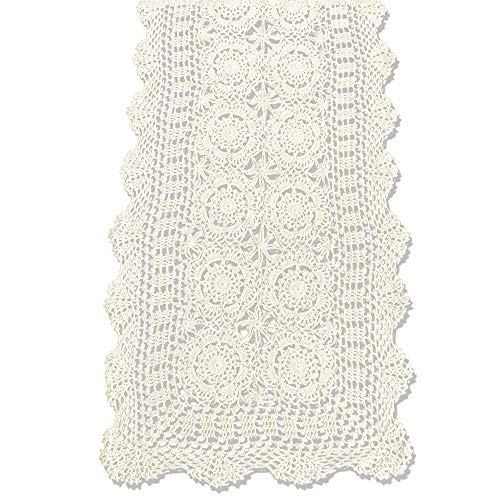 KEPSWET Cotton Handmade Crochet Lace Table Runner Beige Rectangle Coffee Table Dresser Decor (14x36 inch)