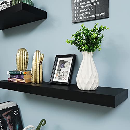 WELLAND 24 inch Black Mission Floating Shelves for Wall, Bathroom Wall Mount Shelves, Wood Modern Display Shelves, Book Shelves,for Bedroom,Living Room and Kitchen