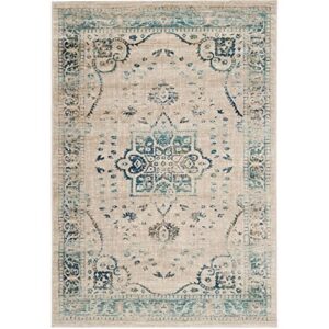 safavieh evoke collection 5'1" x 7'6" beige / turquoise evk509f oriental medallion distressed non-shedding living room bedroom area rug