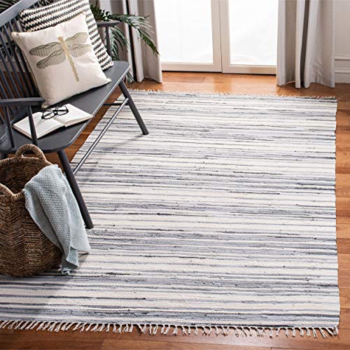 SAFAVIEH Rag Rug Collection Accent Rug - 4' x 6', Ivory & Grey, Handmade Boho Stripe Cotton, Ideal for High Traffic Areas in Entryway, Living Room, Bedroom (RAR126A)