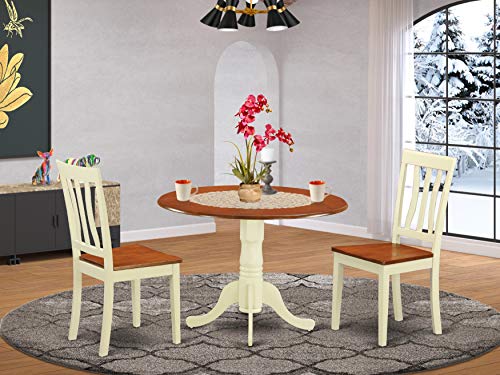 East West Furniture DLAN3-BMK-W 3 Piece Dinette Set for Small Spaces Contains a Round Dining Table with Dropleaf and 2 Kitchen Dining Chairs, 42x42 Inch, Buttermilk & Cherry