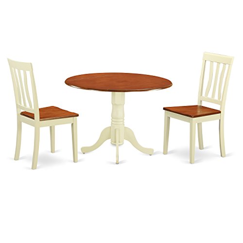 East West Furniture DLAN3-BMK-W 3 Piece Dinette Set for Small Spaces Contains a Round Dining Table with Dropleaf and 2 Kitchen Dining Chairs, 42x42 Inch, Buttermilk & Cherry