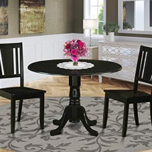 East West Furniture Dublin 3 Piece Kitchen Set for Small Spaces Contains a Round Dining Room Table with Dropleaf and 2 Solid Wood Seat Chairs, 42x42 Inch, Black