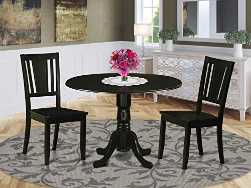 East West Furniture Dublin 3 Piece Kitchen Set for Small Spaces Contains a Round Dining Room Table with Dropleaf and 2 Solid Wood Seat Chairs, 42x42 Inch, Black