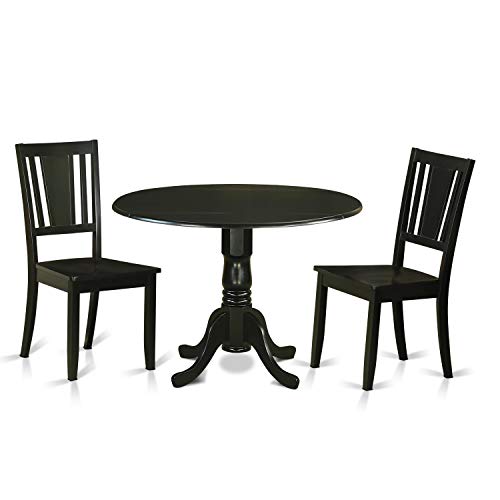 East West Furniture Dublin 3 Piece Kitchen Set for Small Spaces Contains a Round Dining Room Table with Dropleaf and 2 Solid Wood Seat Chairs, 42x42 Inch, Black