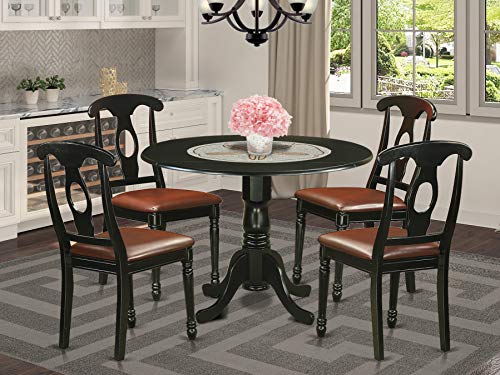 East West Furniture Dublin 5 Piece Dinette Set for 4 Includes a Round Table with Dropleaf and 4 Faux Leather Dining Room Chairs, 42x42 Inch, Black