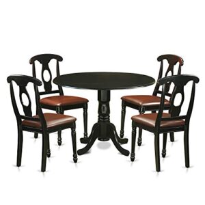 East West Furniture Dublin 5 Piece Dinette Set for 4 Includes a Round Table with Dropleaf and 4 Faux Leather Dining Room Chairs, 42x42 Inch, Black