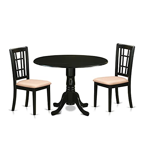 East West Furniture DLNI3-BLK-C 3 Piece Set Contains a Round Dining Room Table with Dropleaf and 2 Linen Fabric Upholstered Kitchen Chairs, 42x42 Inch, Black