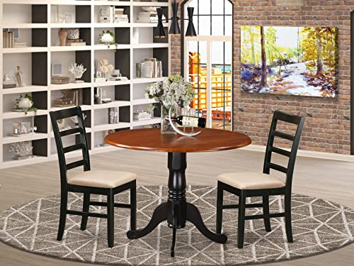 East West Furniture Dublin 3 Piece Set Contains a Round Dining Room Table with Dropleaf and 2 Linen Fabric Upholstered Kitchen Chairs, 42x42 Inch, Black & Cherry