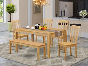 east west furniture capri 6 piece set contains a rectangle dining room table and 4 kitchen chairs with a bench, 36x60 inch, oak