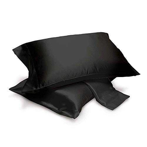 Pack of 2 Satin Pillowcases for Hair and Skin, Satin Pillow Cases Set of 2 Pillow Cover with Envelop Closure (Standard/Queen, Black)