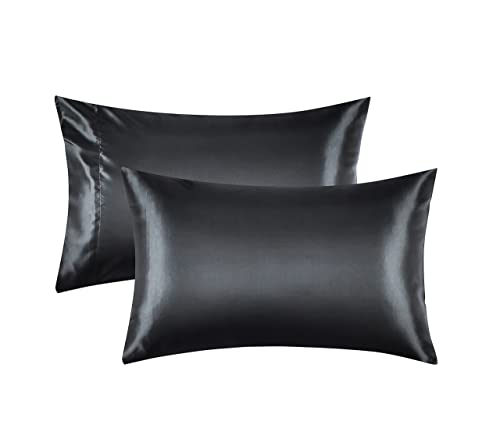 Pack of 2 Satin Pillowcases for Hair and Skin, Satin Pillow Cases Set of 2 Pillow Cover with Envelop Closure (Standard/Queen, Black)