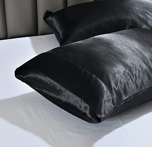 Pack of 2 Satin Pillowcases for Hair and Skin, Satin Pillow Cases Set of 2 Pillow Cover with Envelop Closure (Standard/Queen, Black)