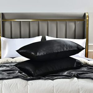 Pack of 2 Satin Pillowcases for Hair and Skin, Satin Pillow Cases Set of 2 Pillow Cover with Envelop Closure (Standard/Queen, Black)