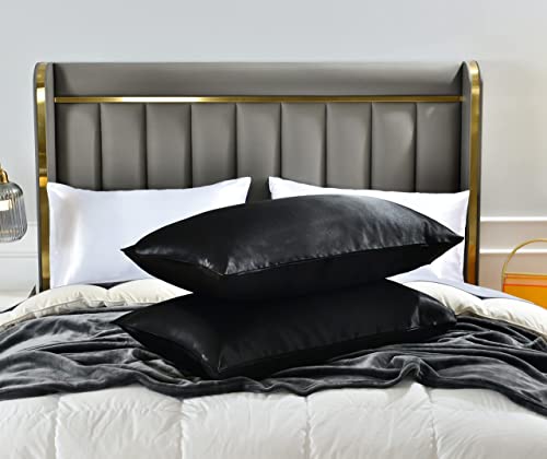 Pack of 2 Satin Pillowcases for Hair and Skin, Satin Pillow Cases Set of 2 Pillow Cover with Envelop Closure (Standard/Queen, Black)