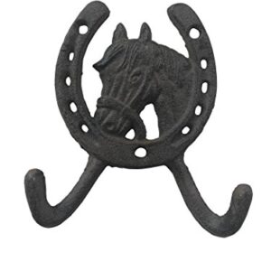 Comfy Hour Cast Iron Horse Head Horseshoe Double Key Coat Hooks Wall Hanger Clothes Rack, Heavy Duty Recycled, Dark Brown, Antique & Vintage Collection