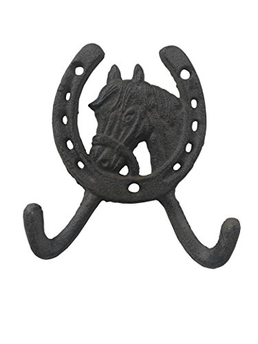 Comfy Hour Cast Iron Horse Head Horseshoe Double Key Coat Hooks Wall Hanger Clothes Rack, Heavy Duty Recycled, Dark Brown, Antique & Vintage Collection