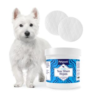 Petpost | Tear Stain Remover Wipes - 100 Presoaked Cotton Pads - Best Natural Eye Crust Treatment for White Fur - Maltese Angels Approved - Chemical and Bleach Free - 4 Oz.