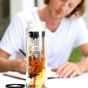 The Sacred Tea Bottle with Infuser & Strainer Combo - BPA Free Glass Travel Tumbler with Stainless Steel Filter. Leakproof Tea Mug for Loose Leaf Tea and Fruit Water 14 Ounce