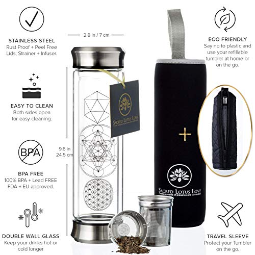 The Sacred Tea Bottle with Infuser & Strainer Combo - BPA Free Glass Travel Tumbler with Stainless Steel Filter. Leakproof Tea Mug for Loose Leaf Tea and Fruit Water 14 Ounce