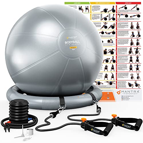 Exercise Ball Chair, Yoga Ball Chair With Resistance Bands, Pregnancy Ball with Stability Base & Poster. Balance Ball Chair Pilates Ball for Fitness, Home Gym, Physio, Birthing, Office & Working Out