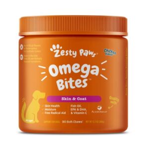 zesty paws omega 3 alaskan fish oil chew treats for dogs - with alaskomega for epa & dha fatty acids - hip & joint support + skin & coat chicken flavor (90 soft chews)