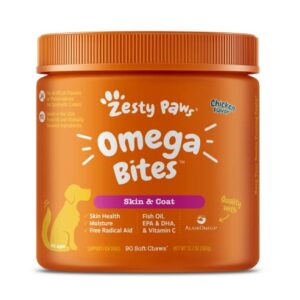 Zesty Paws Omega 3 Alaskan Fish Oil Chew Treats for Dogs - with AlaskOmega for EPA & DHA Fatty Acids - Hip & Joint Support + Skin & Coat Chicken Flavor (90 Soft Chews)