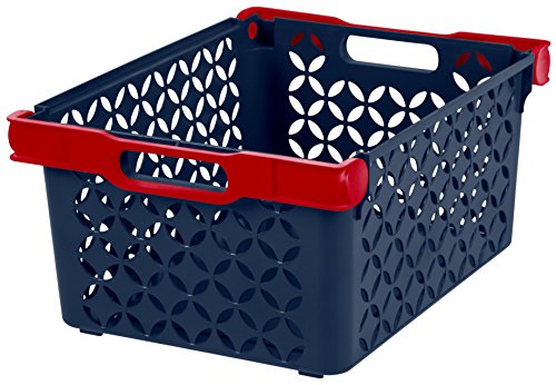 IRIS USA Boy's Medium Deep Decorative Storage Basket with Comfortable Grip Handles, 8 Pack, Toy Box, Nestable, Stackable, Kid's Storage Box for Book and Toy, Kid's Room Playroom Organizer, Navy/Red