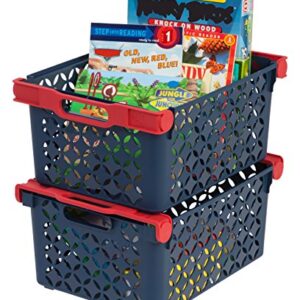 IRIS USA Boy's Medium Deep Decorative Storage Basket with Comfortable Grip Handles, 8 Pack, Toy Box, Nestable, Stackable, Kid's Storage Box for Book and Toy, Kid's Room Playroom Organizer, Navy/Red