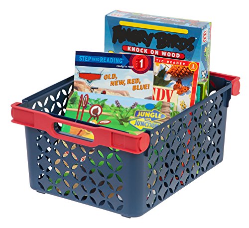 IRIS USA Boy's Medium Deep Decorative Storage Basket with Comfortable Grip Handles, 8 Pack, Toy Box, Nestable, Stackable, Kid's Storage Box for Book and Toy, Kid's Room Playroom Organizer, Navy/Red