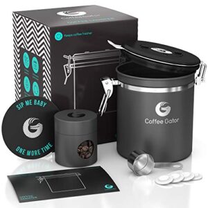 coffee gator coffee canister, stainless steel airtight coffee containers for ground coffee with date-tracker, co2-release valve, measuring scoop & travel jar - medium, 16 oz, gray