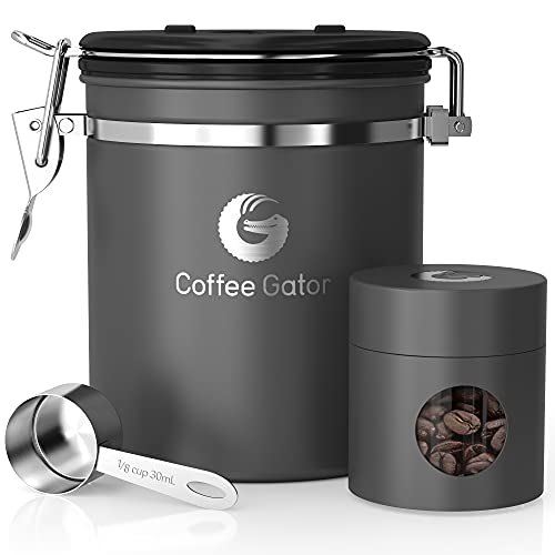 Coffee Gator Coffee Canister, Stainless Steel Airtight Coffee Containers for Ground Coffee with Date-Tracker, CO2-Release Valve, Measuring Scoop & Travel Jar - Medium, 16 oz, Gray