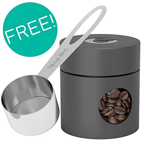 Coffee Gator Coffee Canister, Stainless Steel Airtight Coffee Containers for Ground Coffee with Date-Tracker, CO2-Release Valve, Measuring Scoop & Travel Jar - Medium, 16 oz, Gray