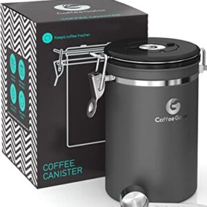 Coffee Gator Stainless Steel Coffee Grounds and Beans Container Canister with Date-Tracker, CO2-Release Valve and Measuring Scoop - Large, 22oz, Gray