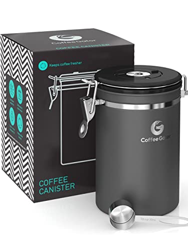 Coffee Gator Stainless Steel Coffee Grounds and Beans Container Canister with Date-Tracker, CO2-Release Valve and Measuring Scoop - Large, 22oz, Gray