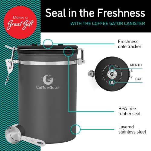 Coffee Gator Stainless Steel Coffee Grounds and Beans Container Canister with Date-Tracker, CO2-Release Valve and Measuring Scoop - Large, 22oz, Gray