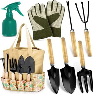 gardening tools set - stainless steel garden tools with shovel trowel fork rake weeder water mister, gardening gloves, perfect gardening gift for women