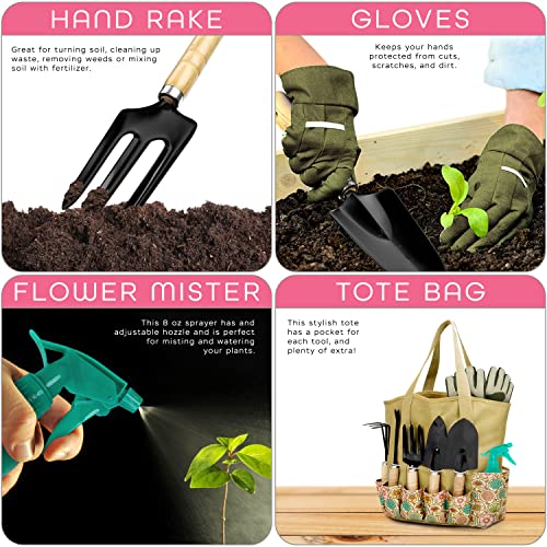 Gardening Tools Set - Stainless Steel Garden Tools with Shovel Trowel Fork Rake Weeder Water Mister, Gardening Gloves, Perfect Gardening Gift for Women