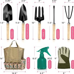 Gardening Tools Set - Stainless Steel Garden Tools with Shovel Trowel Fork Rake Weeder Water Mister, Gardening Gloves, Perfect Gardening Gift for Women