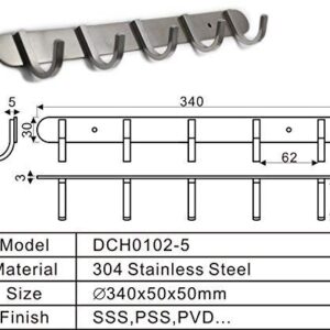 Coat Hook Rack with 5 Square Hooks - Premium Modern Wall Mounted - Ultra durable with solid steel construction, Brushed stainless steel finish, Super easy installation, Rust and water proof