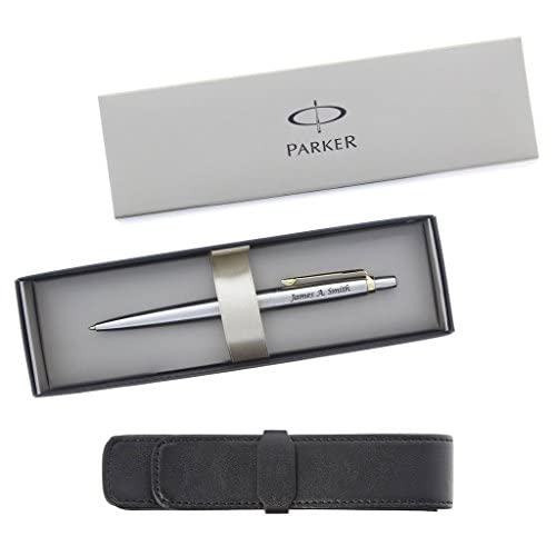 Parker Personalized/Engraved Jotter Stainless Steel & Gold Ballpoint Pen with Leather Case and Gift Box - Custom Engraved with your Name (Stainless Gold)